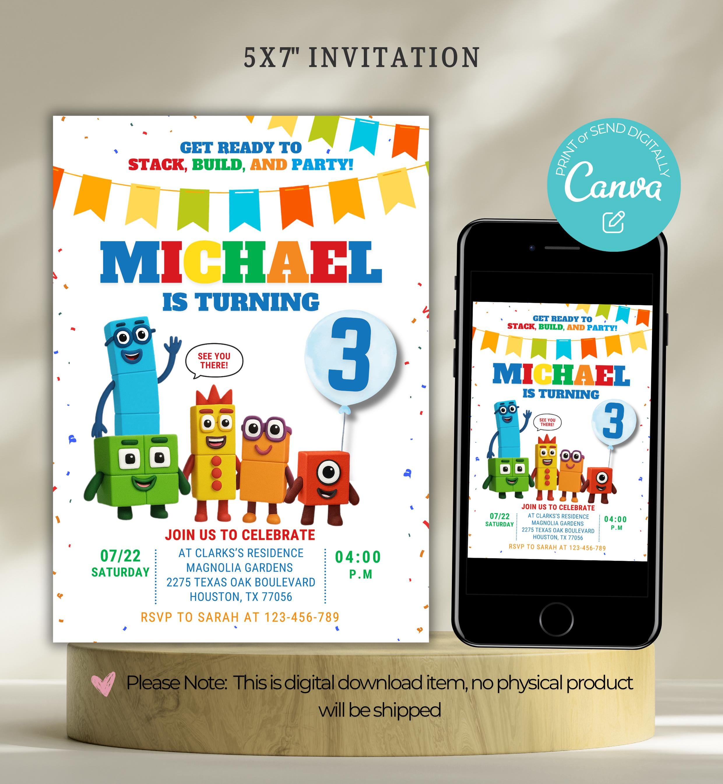 Editable Number Blocks, Birthday Invitation, Number Blocks Birthday ...
