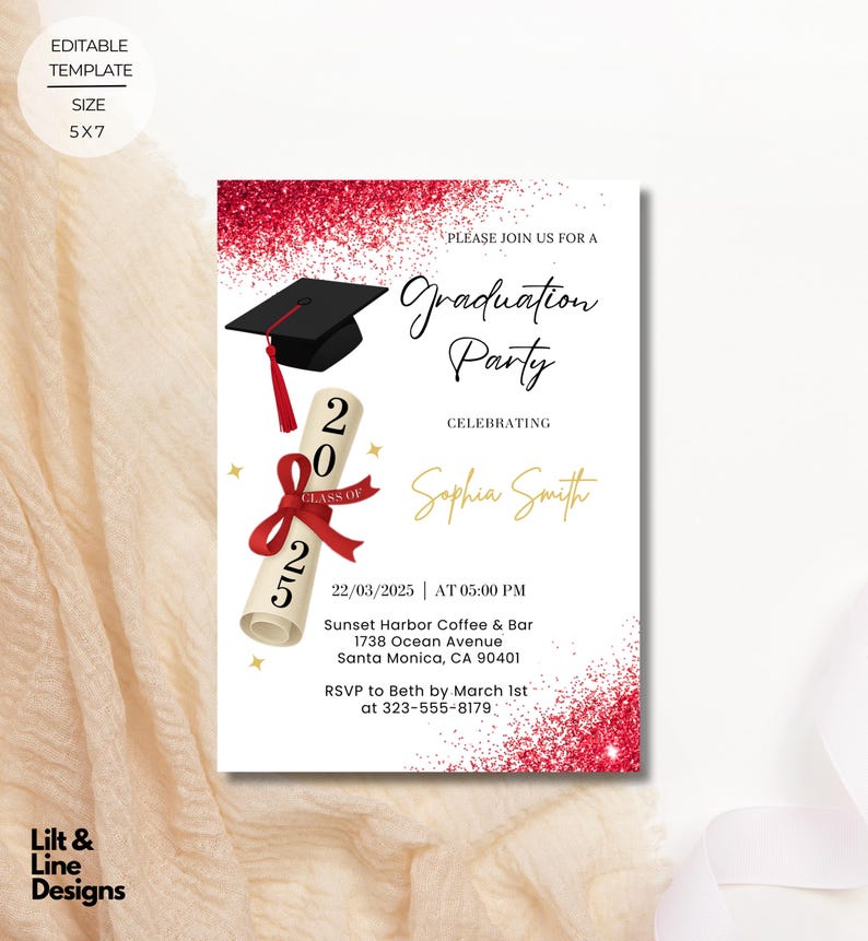 Editable Graduation Invitation 2026, Red Black Grad Party Invitation ...