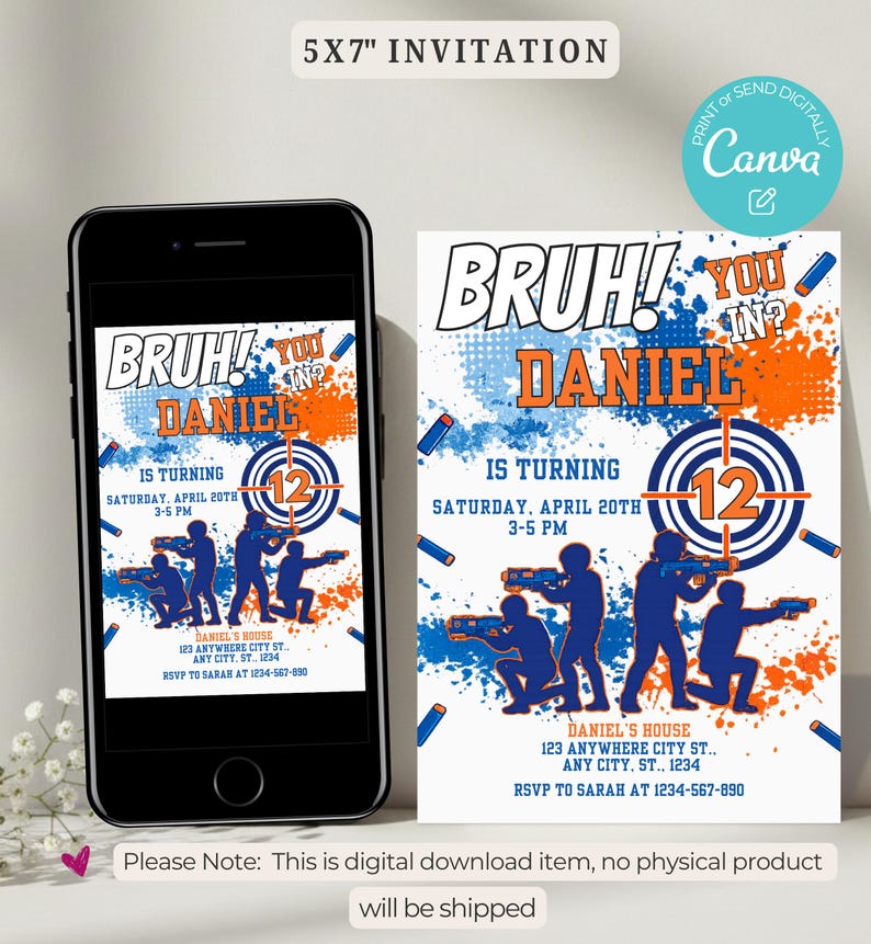 Editable Nerf Birthday Party Invitation Template, Nerf Invites, Nerf ...