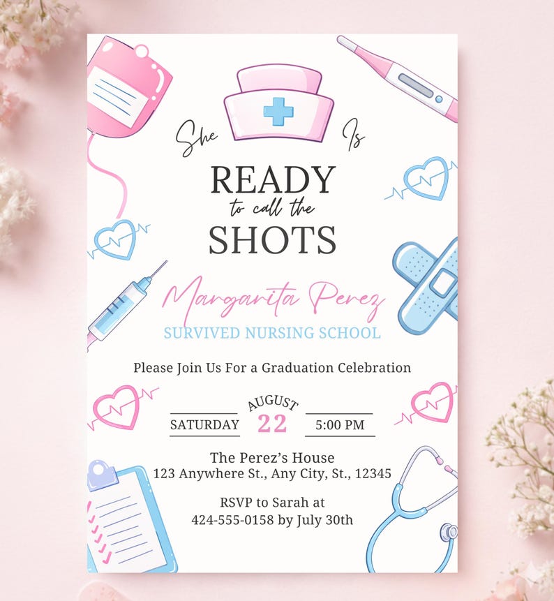 Editable Nurse Graduation Invitation | Pink & Blue Design | Nursing ...