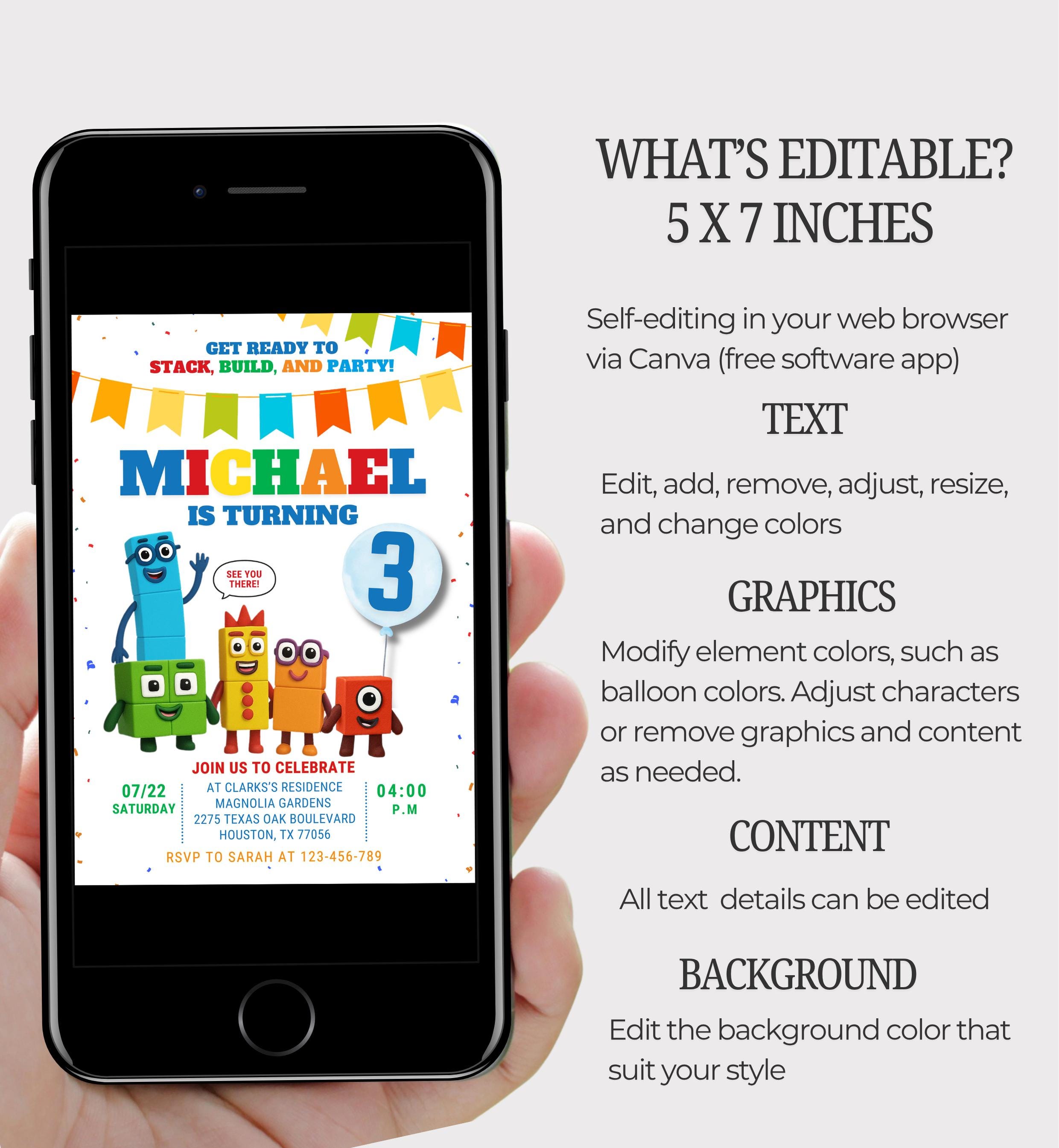 Editable Number Blocks, Birthday Invitation, Number Blocks Birthday ...