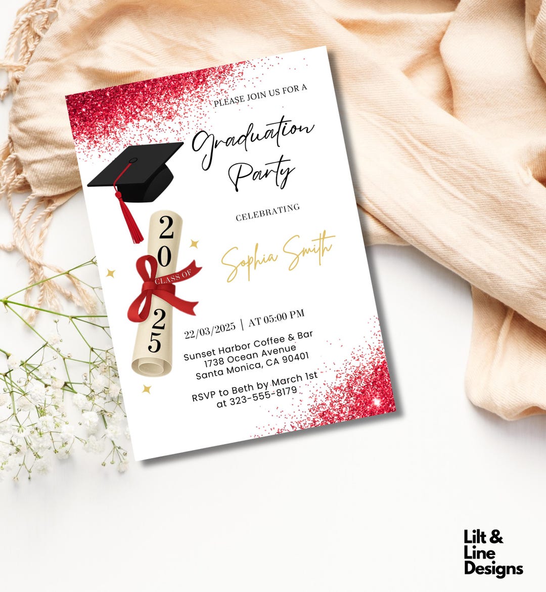Editable Graduation Invitation 2026, Red Black Grad Party Invitation ...