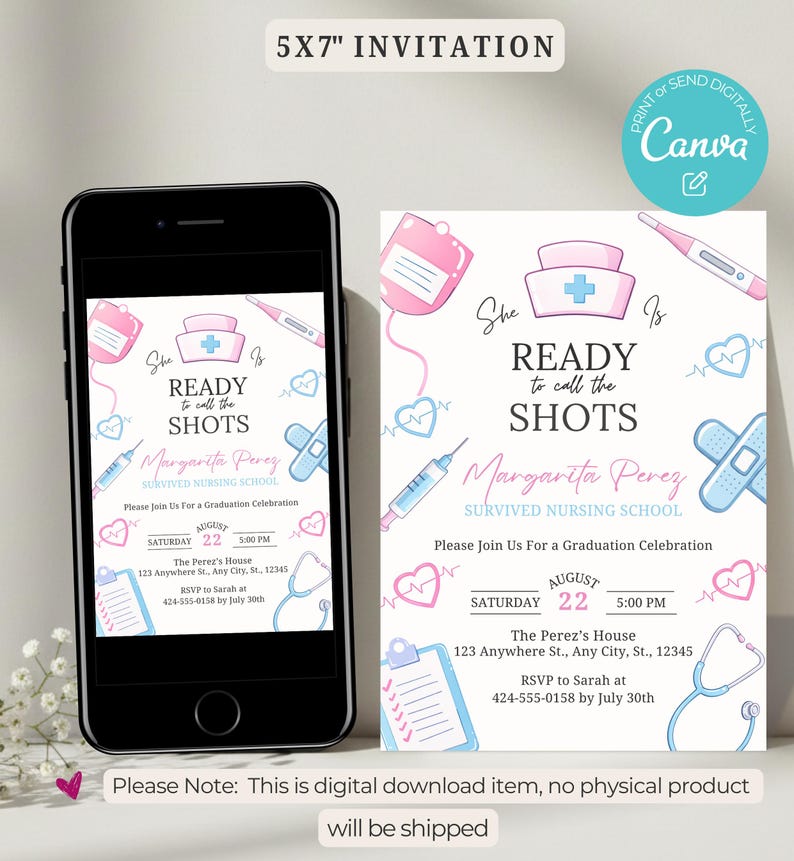 Editable Nurse Graduation Invitation | Pink & Blue Design | Nursing ...