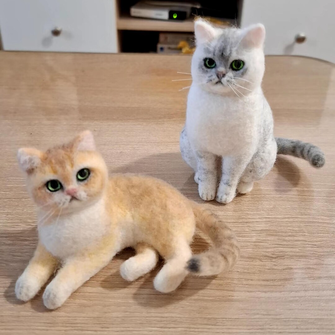 Needle Felt Pet Cat Figurine, Handmade Wool Felt Animal Sculpture ...