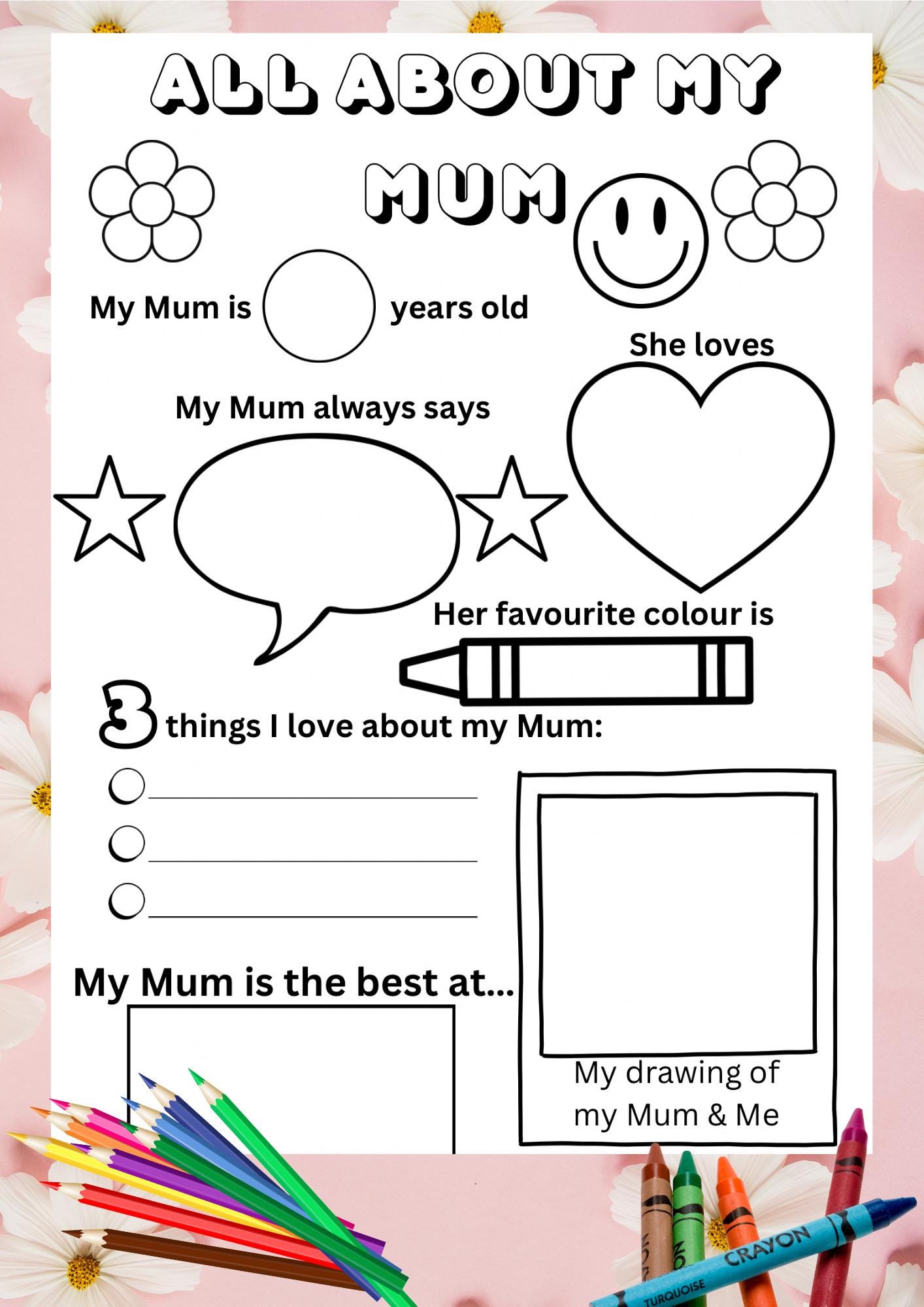 Mother’s Day Printable, All About My Mum, Mother’s Day Gift, Card for ...