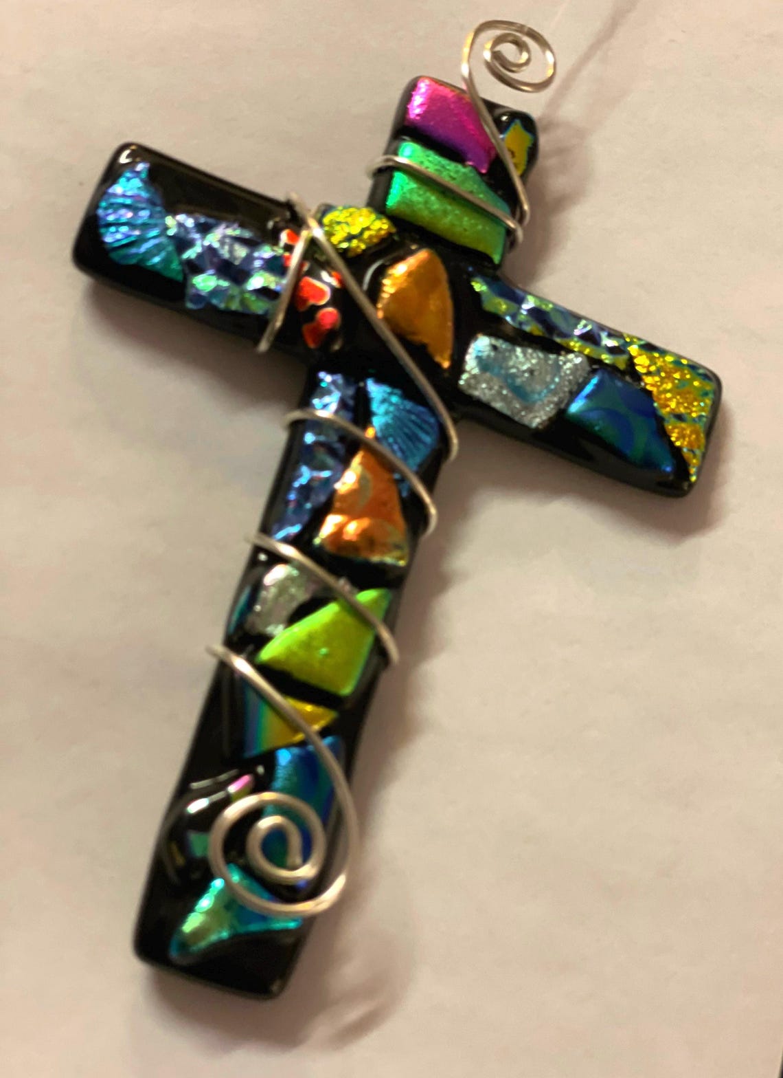 Fused Glass Wire Wrapped Dichroic Cross Ornament - Etsy