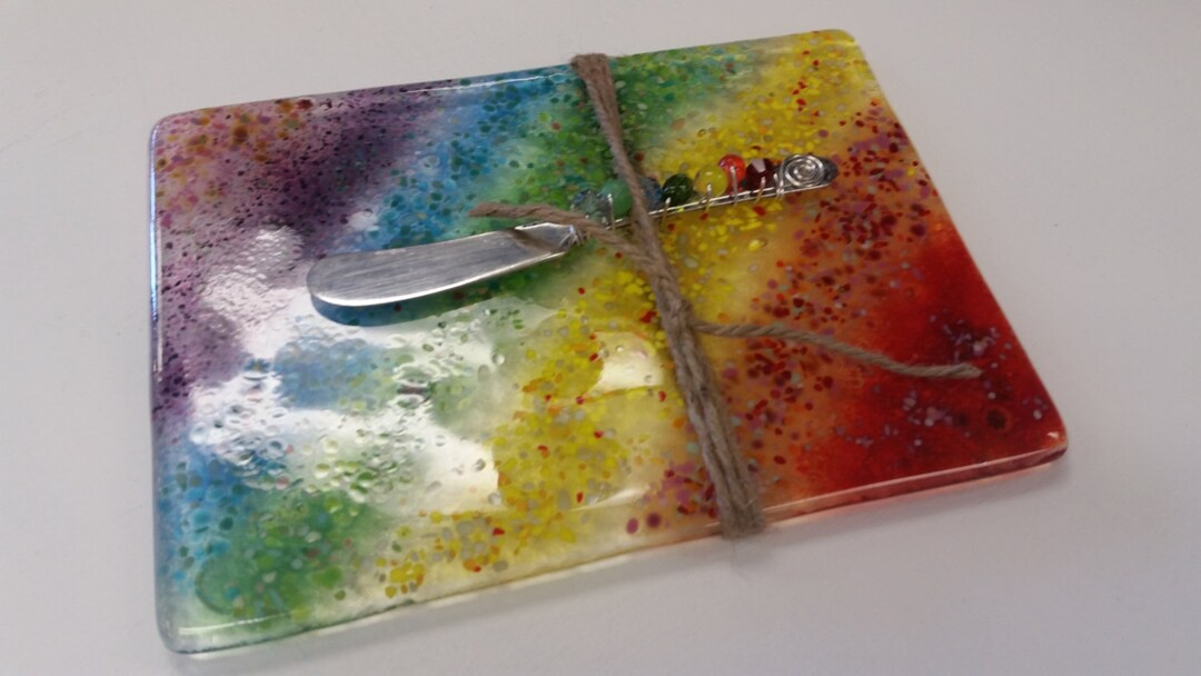 Fused Glass Colorful Cheese Server Tray Platter Trivet Hostess Gift ...