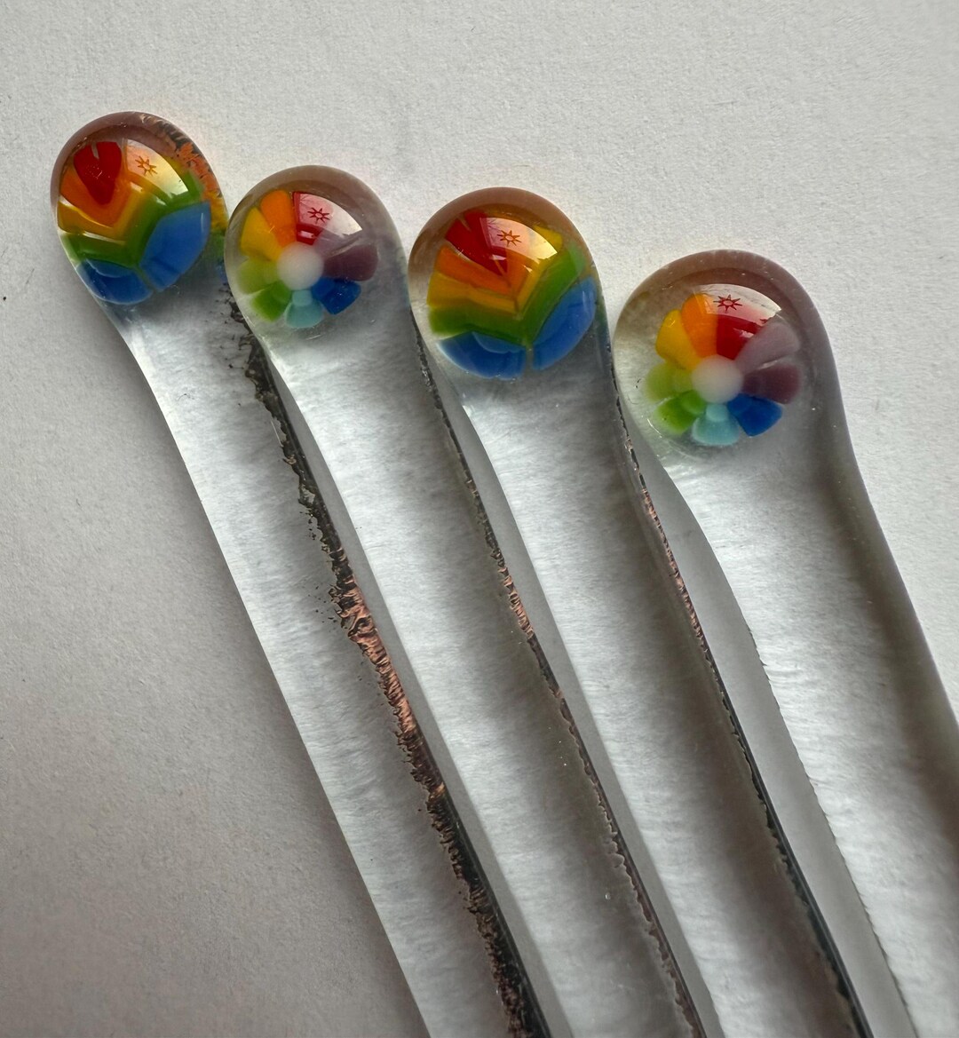 Fused Glass Swizzle Sticks, Set of 4 Rainbow Cocktail Stirrers, Glass ...