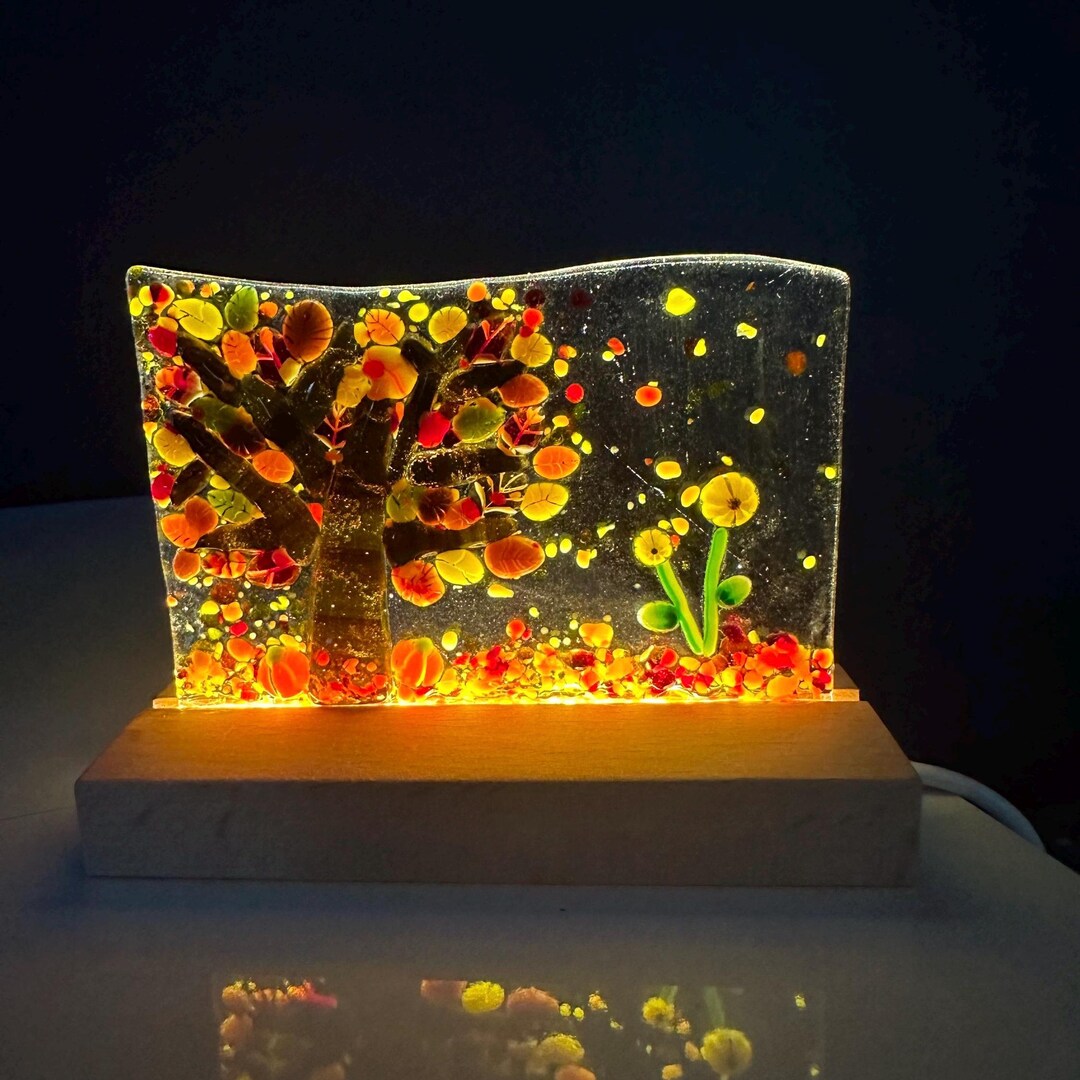 Fused Glass Autumn Tree / Tree/ Art Pedestal Light / Fall/ Glass Light ...