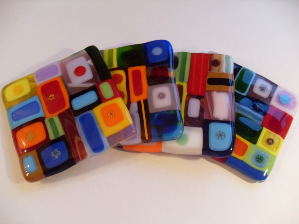 Funky Geometric Super Colorful Fused Glass Coasters - Etsy Canada