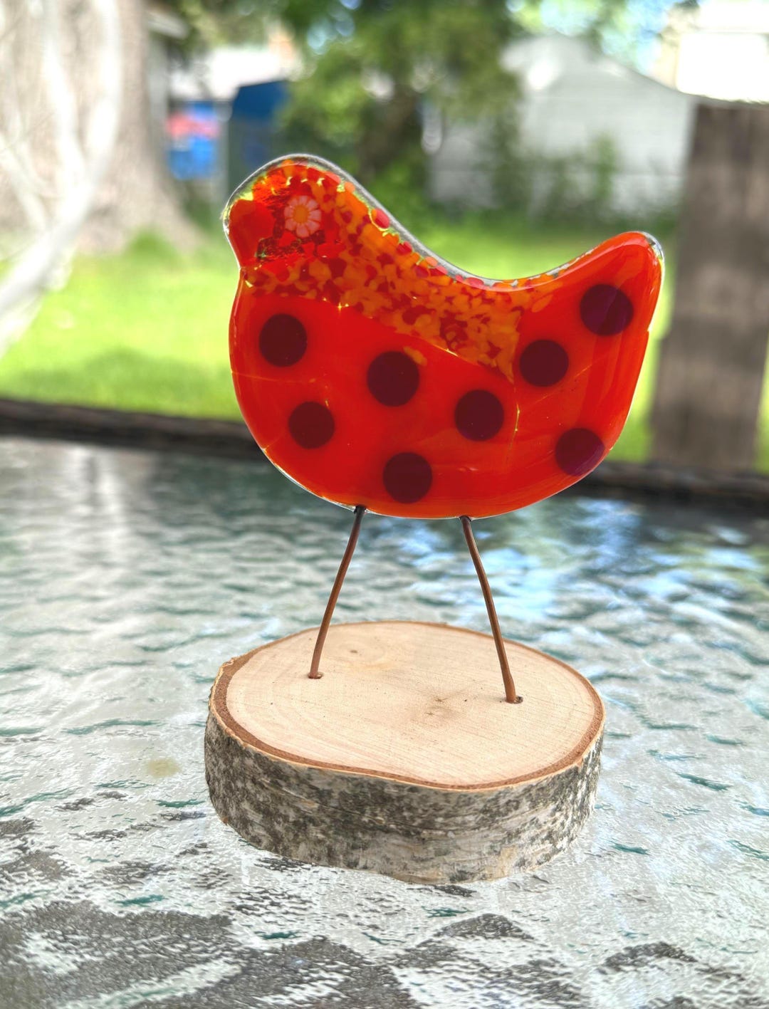 Fused Glass Bird Stand – Red Polka Dot Bird on Birch Branch - Etsy