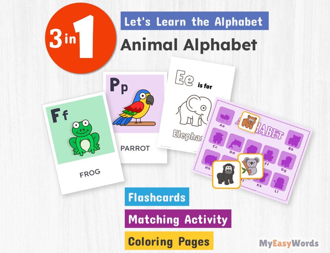 Printable Animal Alphabet Flashcards & Coloring Pages, Fun Matching ...