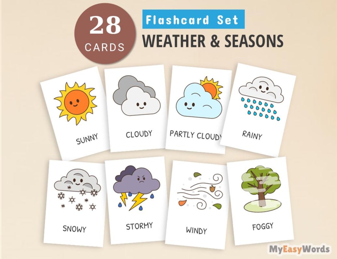 28 Weather Cards, Season Flashcards, Montessori Flashcards, Pre-school ...