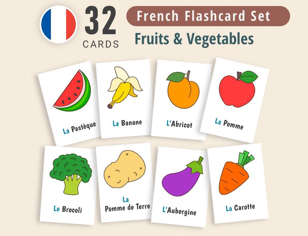 Printable Fruits & Vegetables Flashcards in French for Kids ...