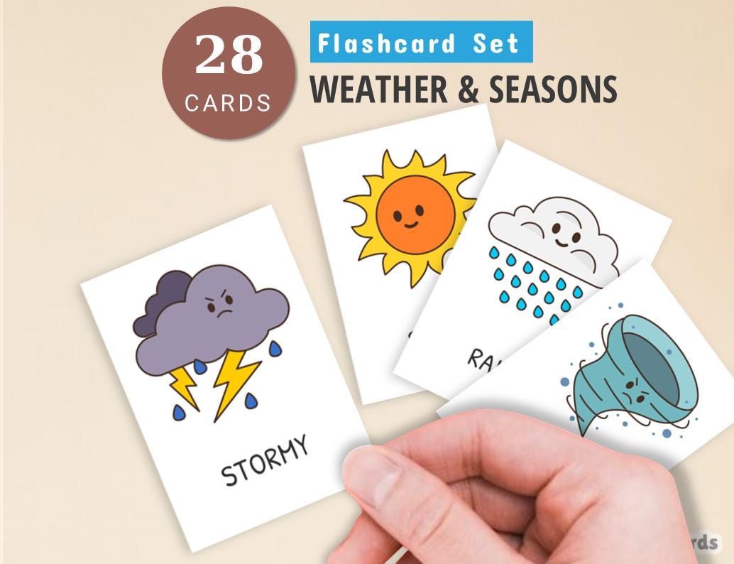 28 Weather Cards, Season Flashcards, Montessori Flashcards, Pre-school ...