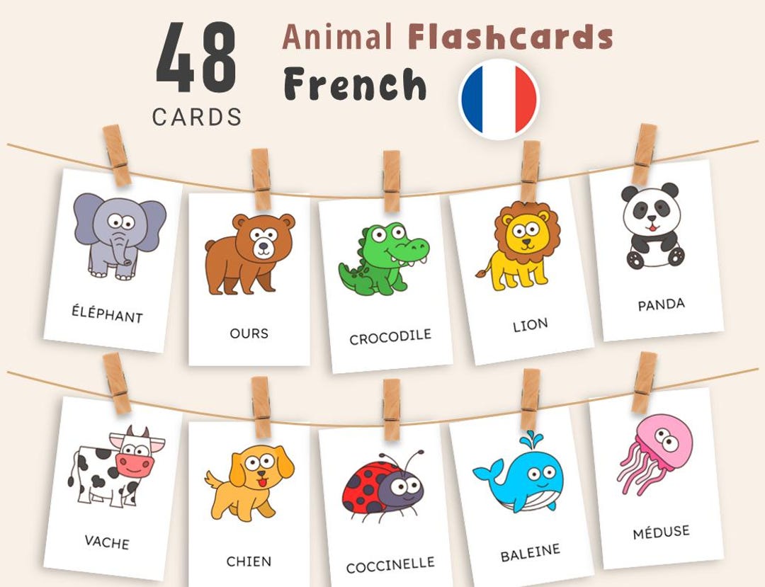 Tarjetas didácticas de animales en francés, 48 tarjetas imprimibles de ...
