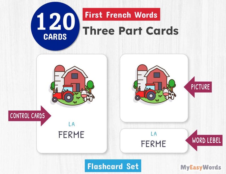 First French Words Flashcard Set, Learn French, Toddler Flash Cards ...