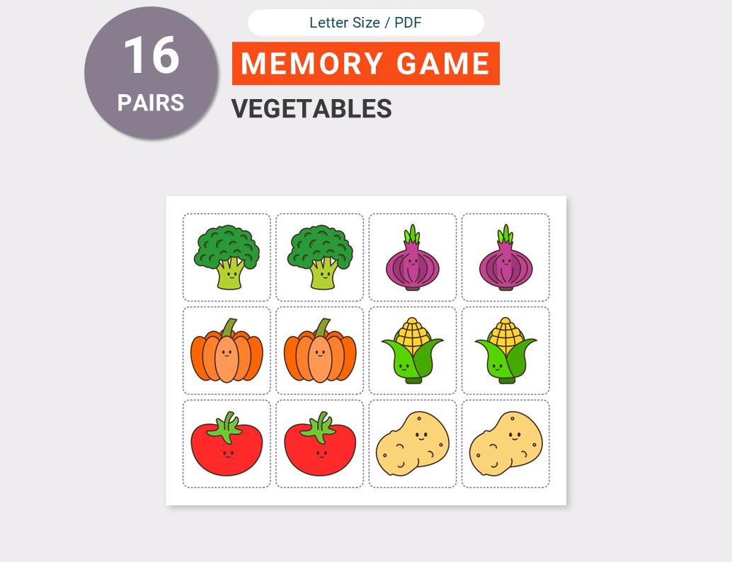 Vegetables Memory Game, Kids Matching Games, Kindergarten Vegetables ...