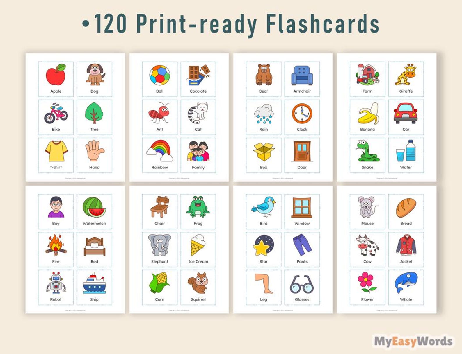 Printable First Words Flashcards: 120 Illustrated Picture Cards (PDF ...