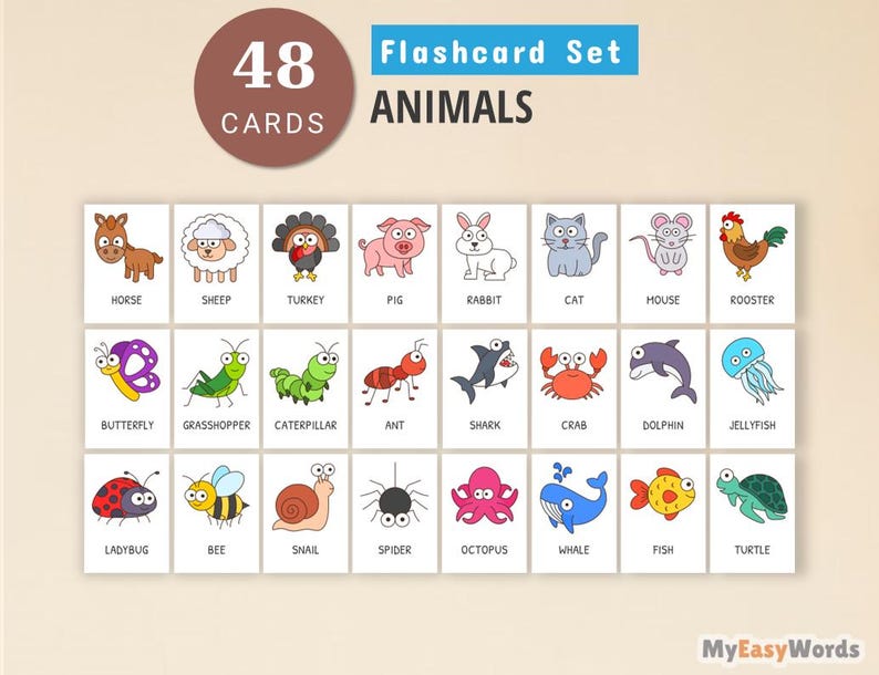 Printable Animal Flashcards: Preschool Learning Activity (PDF) - Etsy