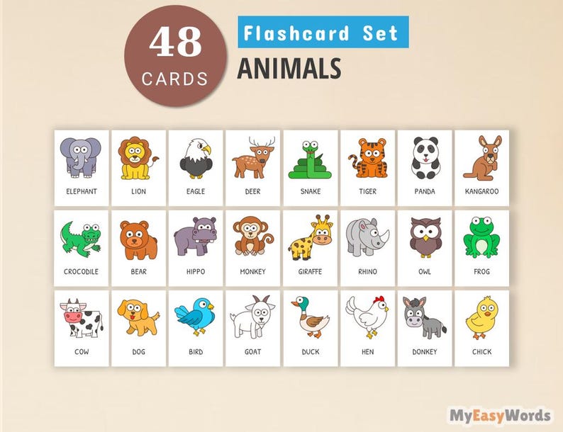 Printable Animal Flashcards: Preschool Learning Activity (PDF) - Etsy