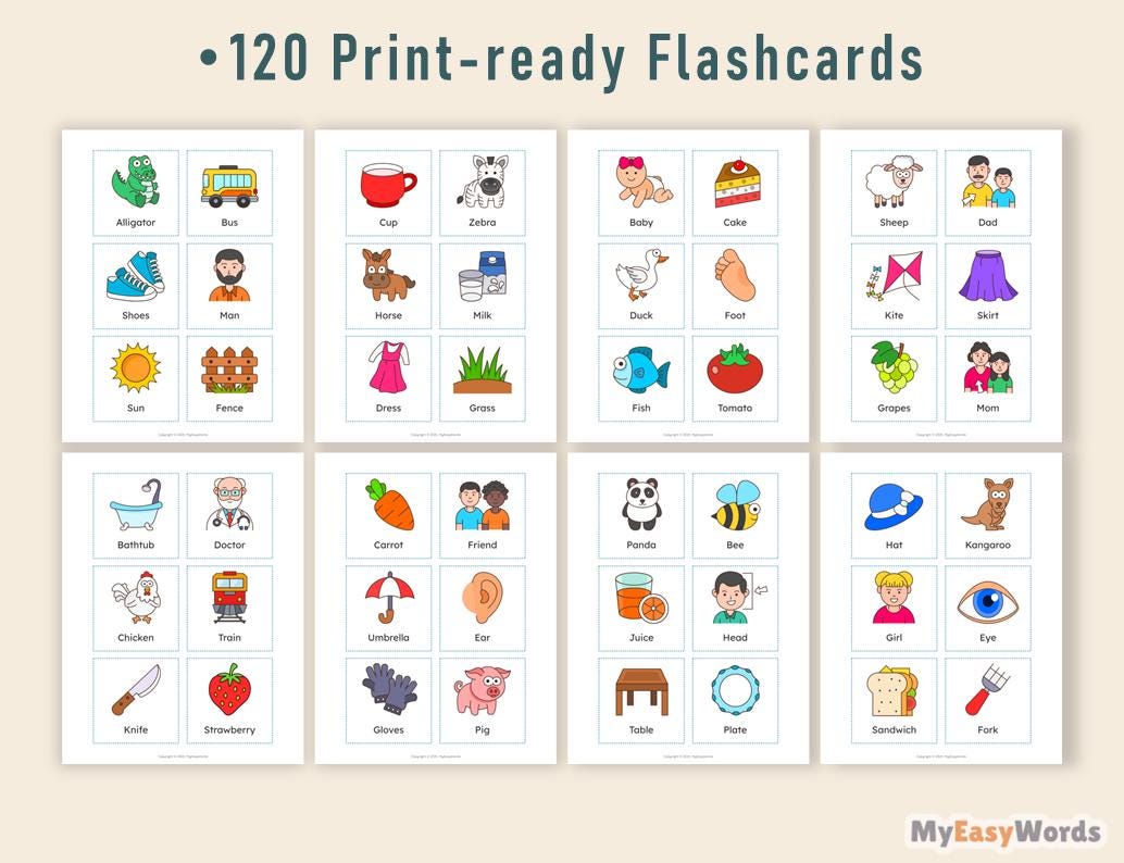 Printable First Words Flashcards: 120 Illustrated Picture Cards (PDF ...