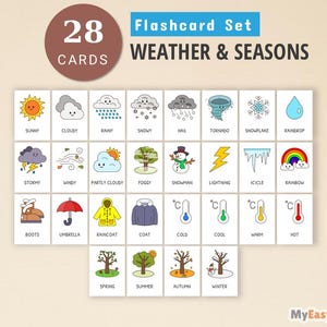 28 Weather Cards, Season Flashcards, Montessori Flashcards, Pre-school ...