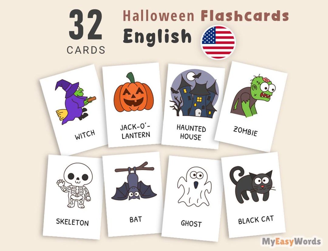 Halloween Flashcards, Printable Vocabulary Cards for Kids and Toddlers ...
