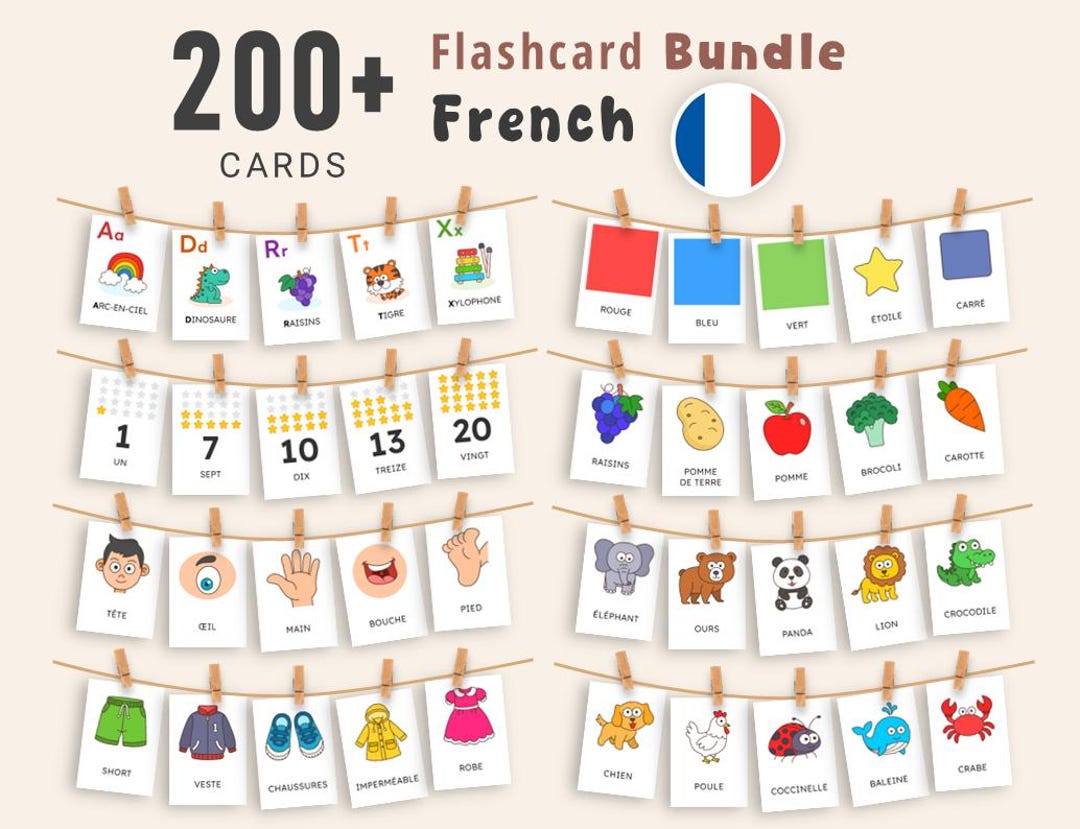 French Flashcard Bundle for Kids & Toddlers, Alphabet, Numbers, Colors ...