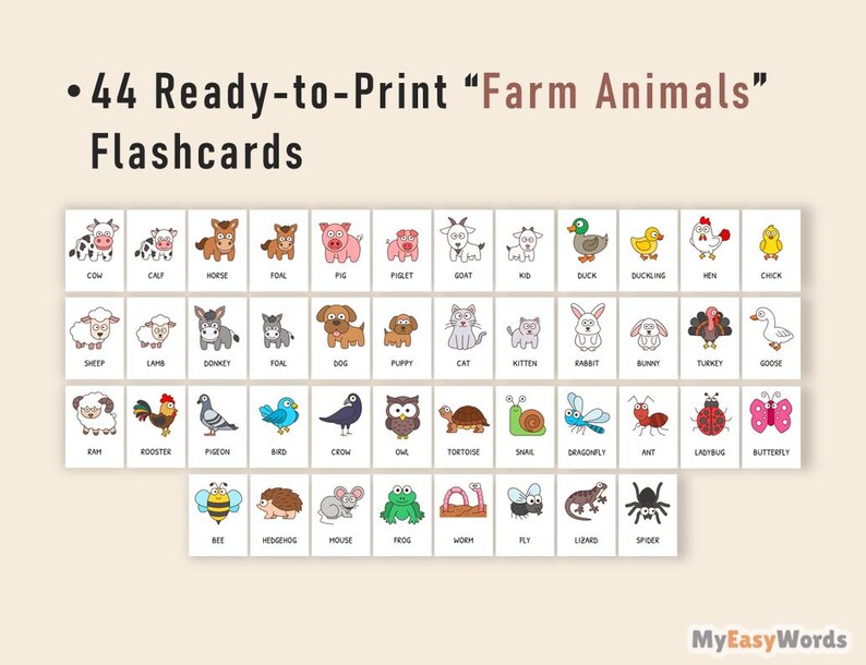 Farm Theme Flashcards, Printable Farm Animals Vocabulary Cards for Kids ...