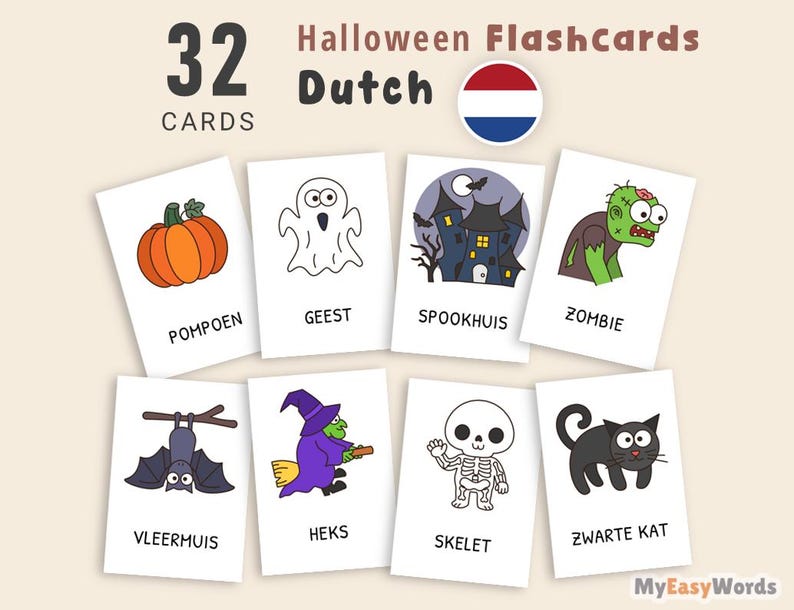 Dutch Halloween Flashcards, Printable Montessori Cards for Kids and ...