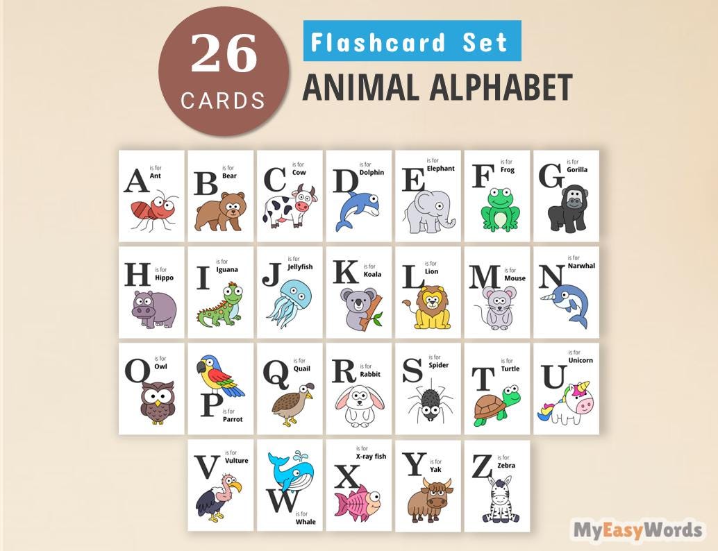 Printable Animal Alphabet Flashcards: Montessori ABC Cards (PDF) - Etsy