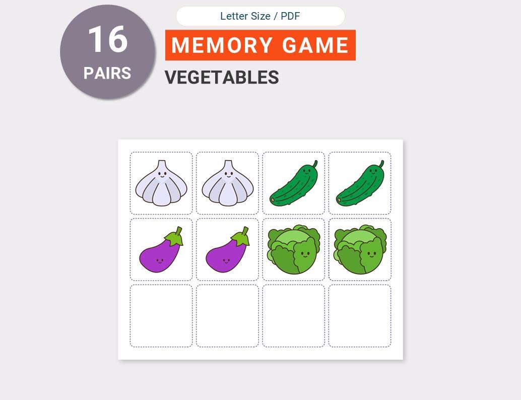 Vegetables Memory Game, Kids Matching Games, Kindergarten Vegetables ...