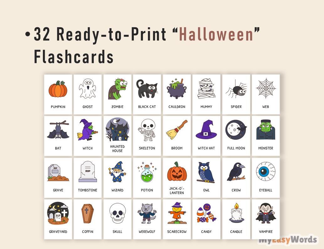 Halloween Flashcards, Printable Vocabulary Cards for Kids and Toddlers ...