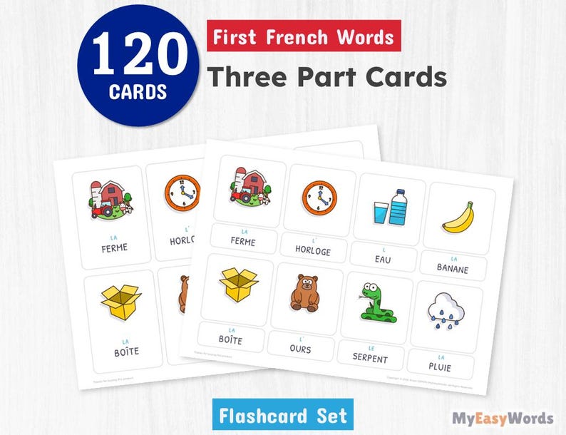 First French Words Flashcard Set, Learn French, Toddler Flash Cards ...