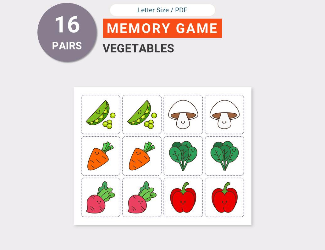 Vegetables Memory Game, Kids Matching Games, Kindergarten Vegetables ...
