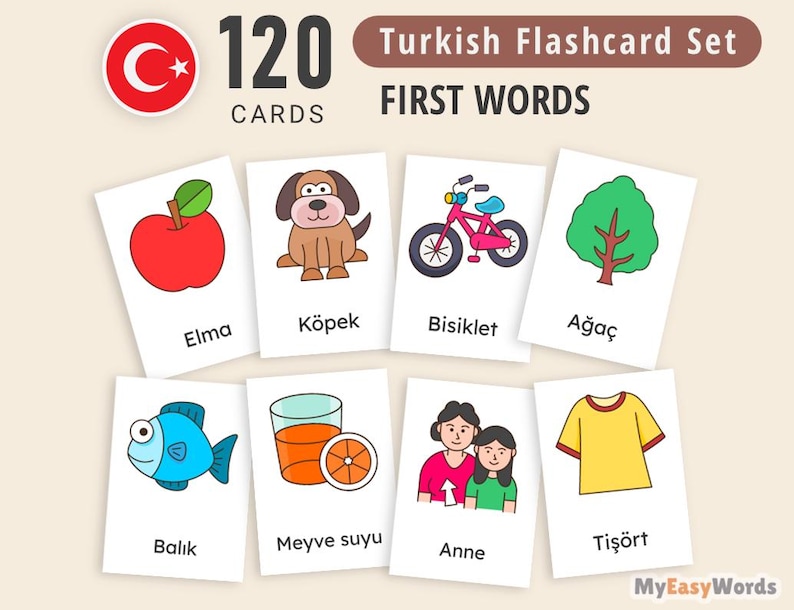Turkish Flashcards for Kids, Visual Language Learning Cards, Learning ...