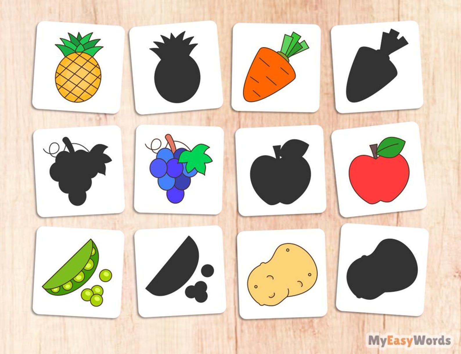 Fruit and Vegetable Shadow Matching Cards, Printable Fruit Veggie ...