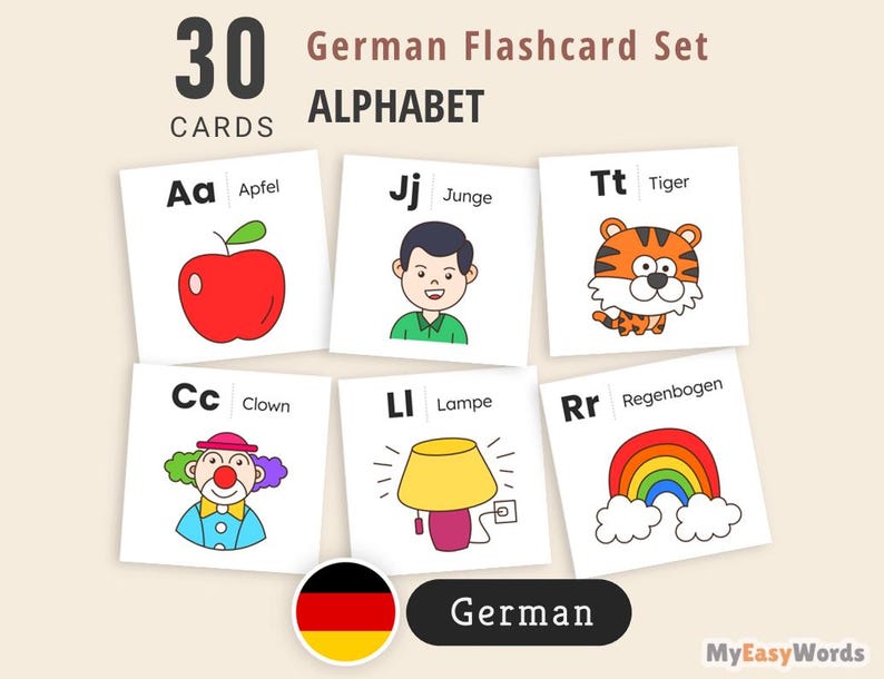 Illustrierte Deutsche Alphabet Flashcards – ABC A-Z Lernkarten Für ...