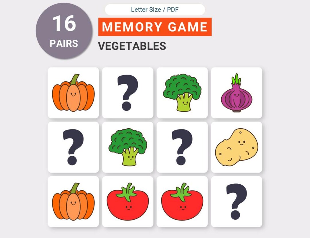 Vegetables Memory Game, Kids Matching Games, Kindergarten Vegetables ...