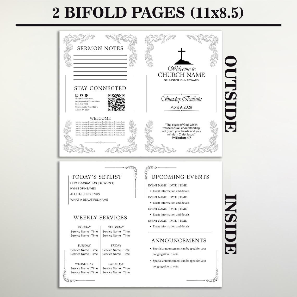 Editable Church Bulletin Template, Simple Black and White Bifold ...