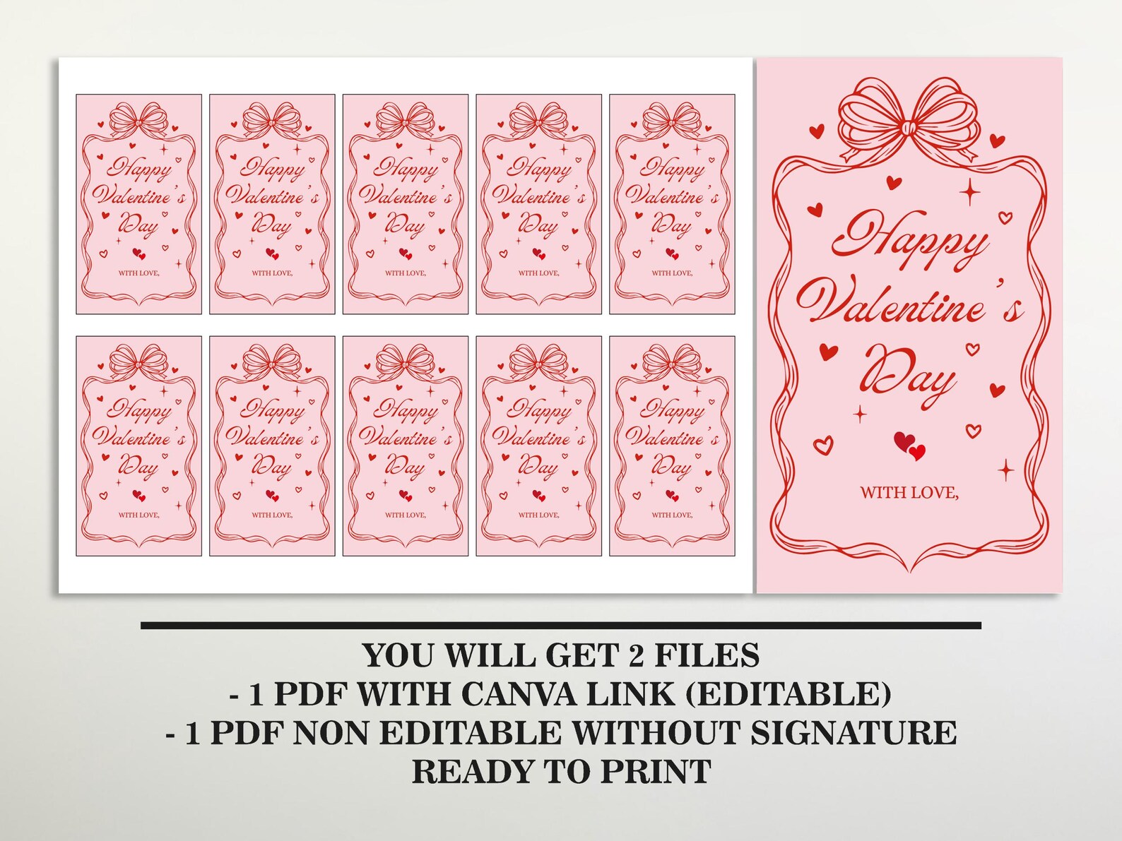Editable Valentine's Day Tag, Pink Red Bow Valentine Gift Tag, Doodle ...