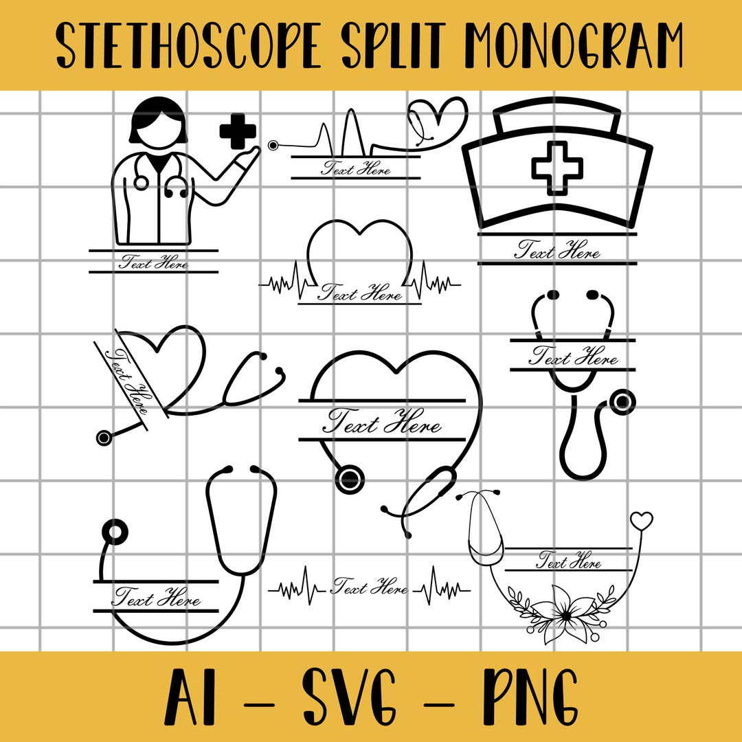 Stethoscope Split Monogram SVG Bundle, Hand Drawn Nurse SVG ...