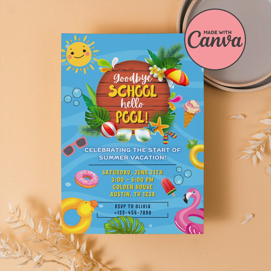 Goodbye School Hello Pool Invitation Template, Editable Pool Party ...