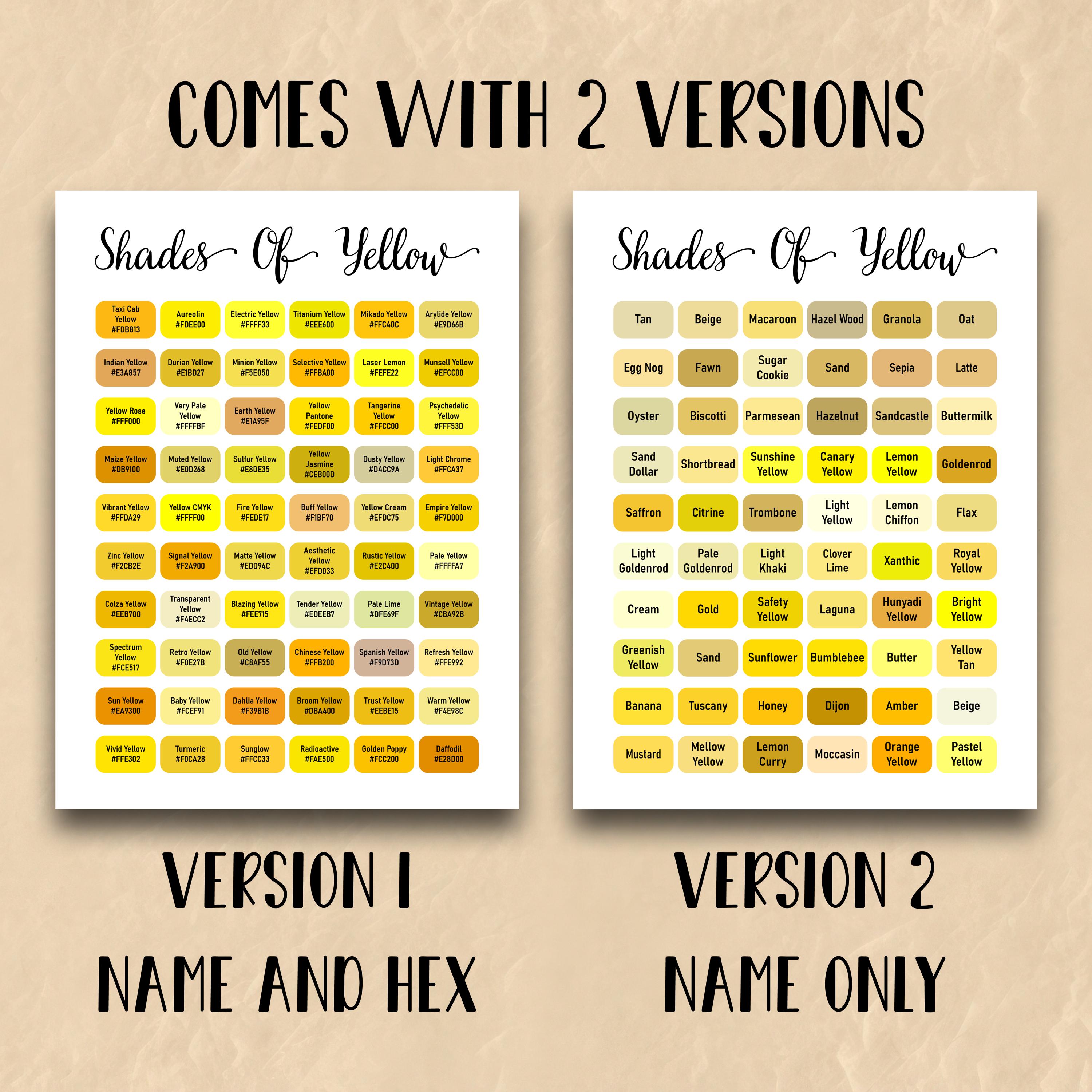 120 Color Names and Shades, Yellow Color Hex Name PNG, Shades of Yellow ...