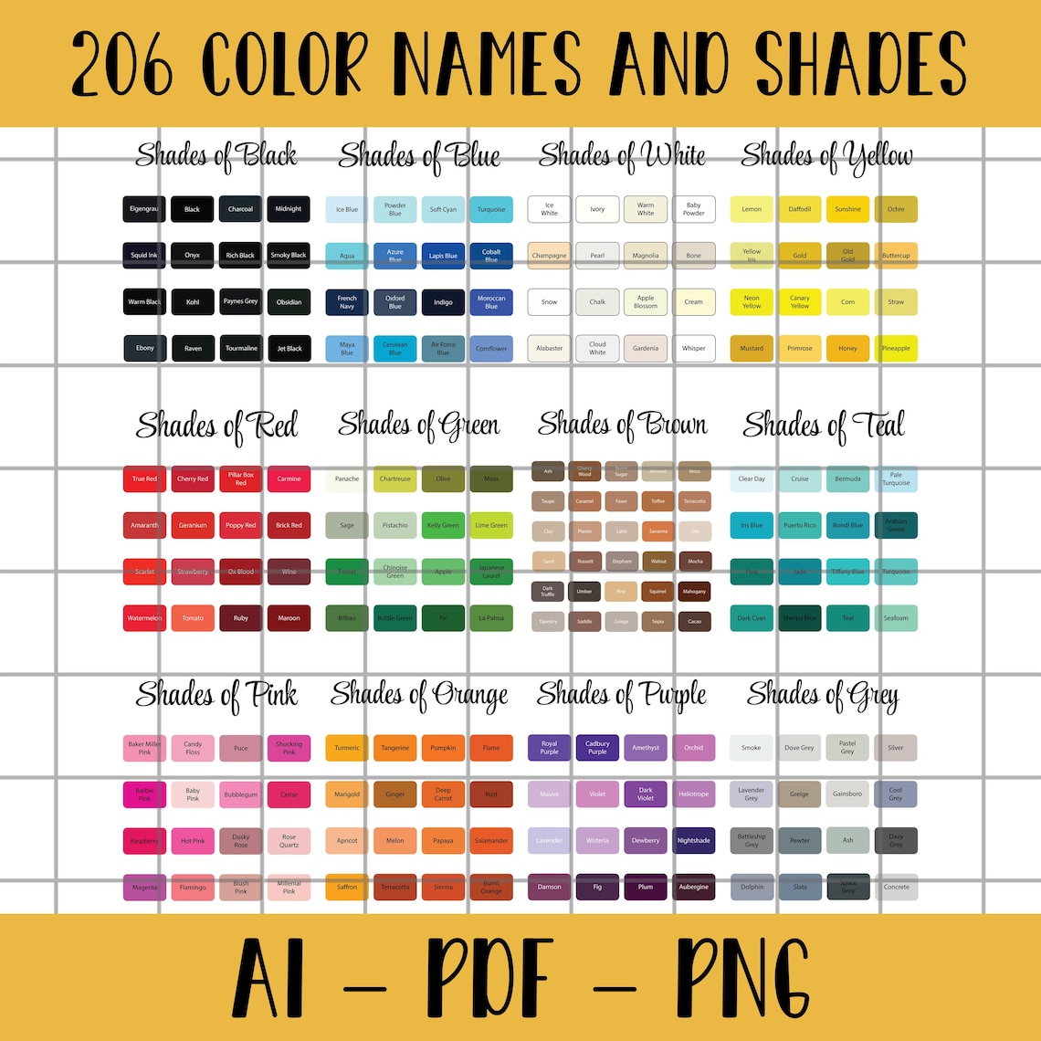 206 Color Names and Shades, Color Chart Name, Color Shade Table, Colour ...
