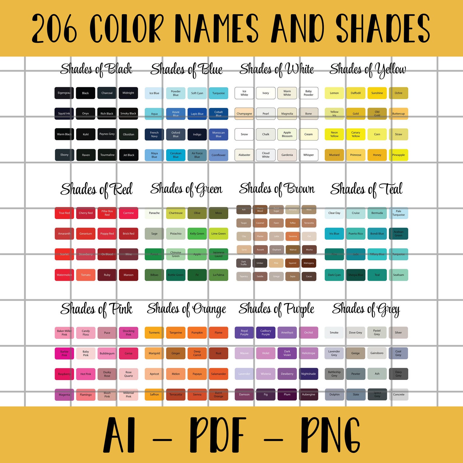 206 Color Names and Shades, Color Chart Name, Color Shade Table, Colour ...