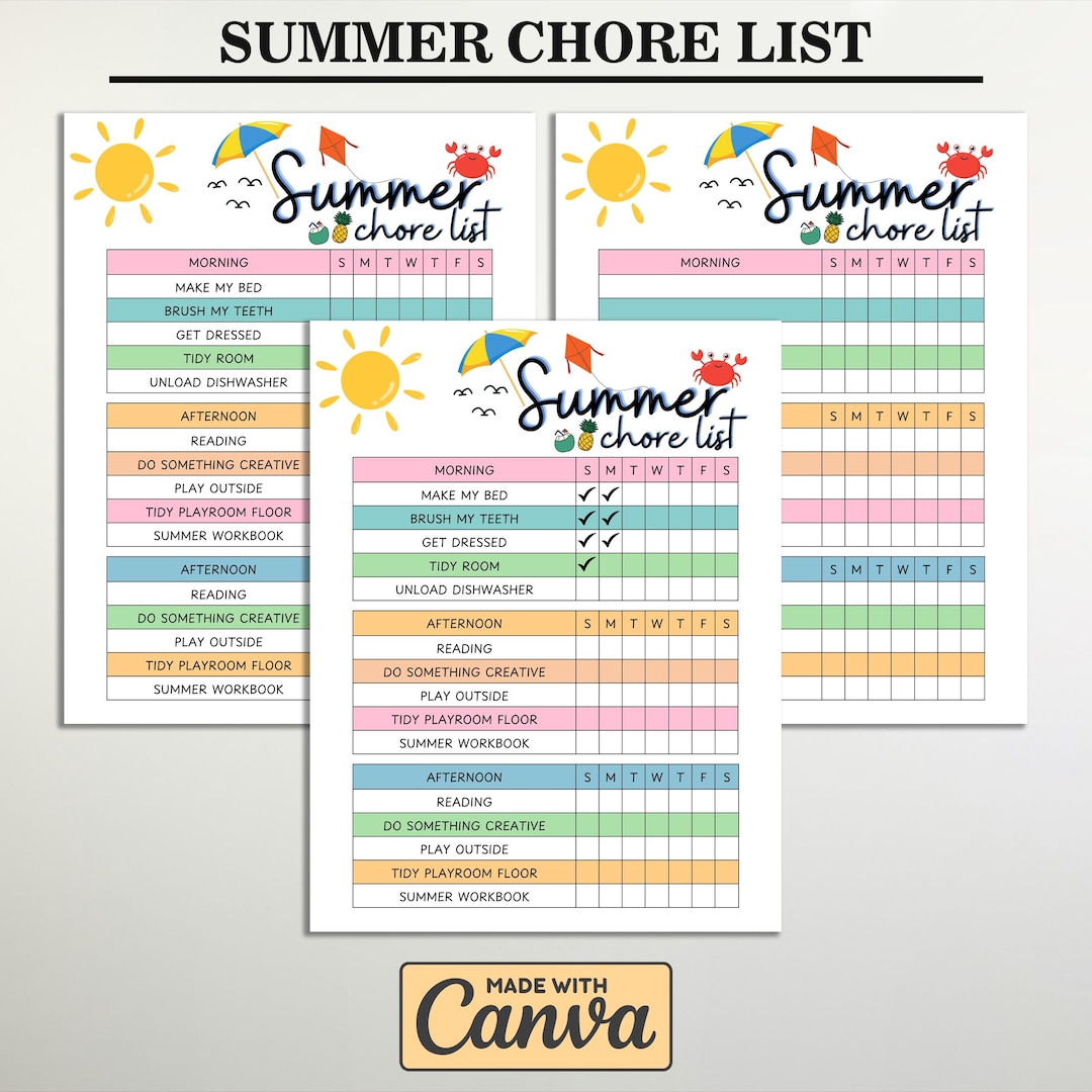 Editable Summer Chore Chart for Kids: Reward System, Responsibility ...