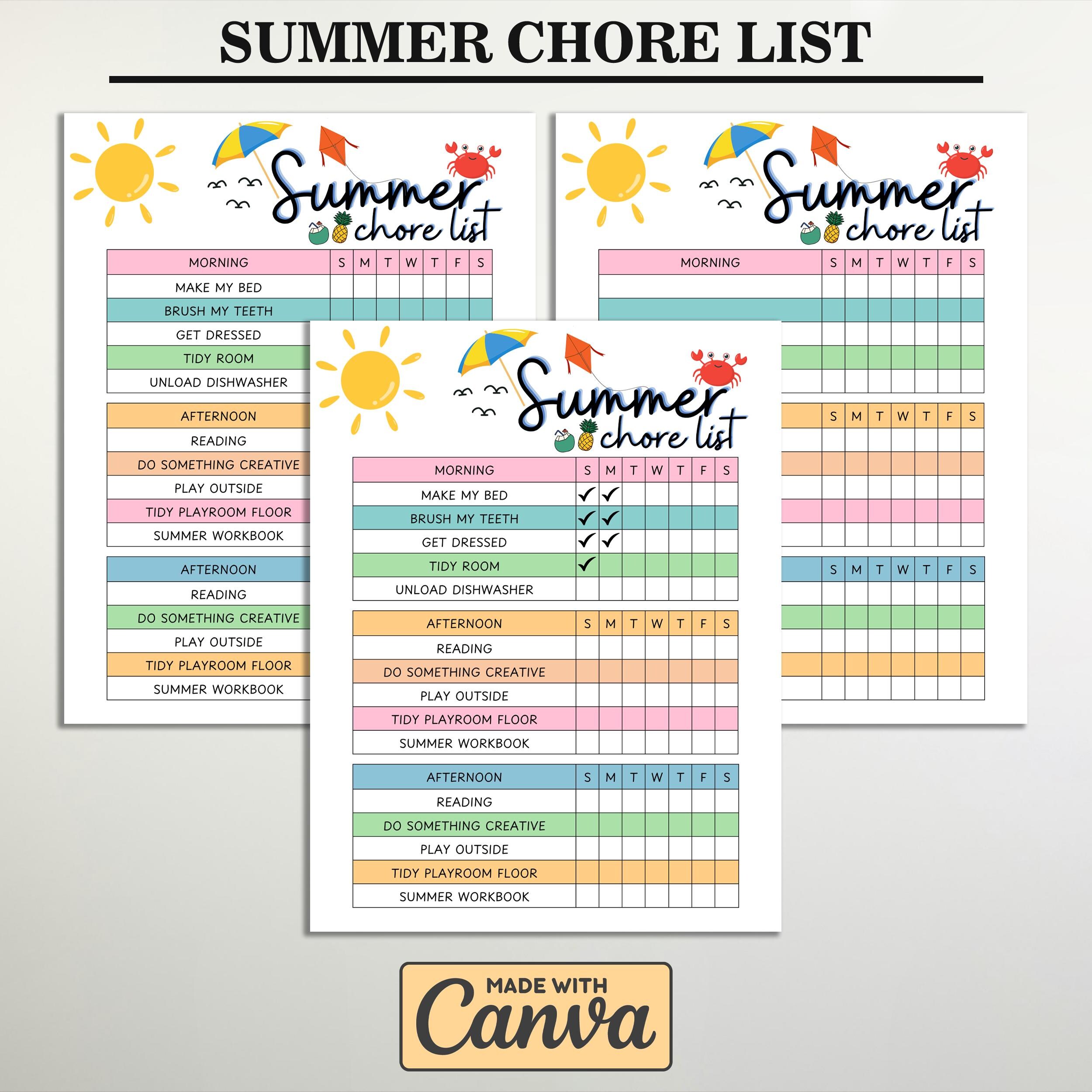 Editable Summer Chore Chart for Kids: Reward System, Responsibility ...