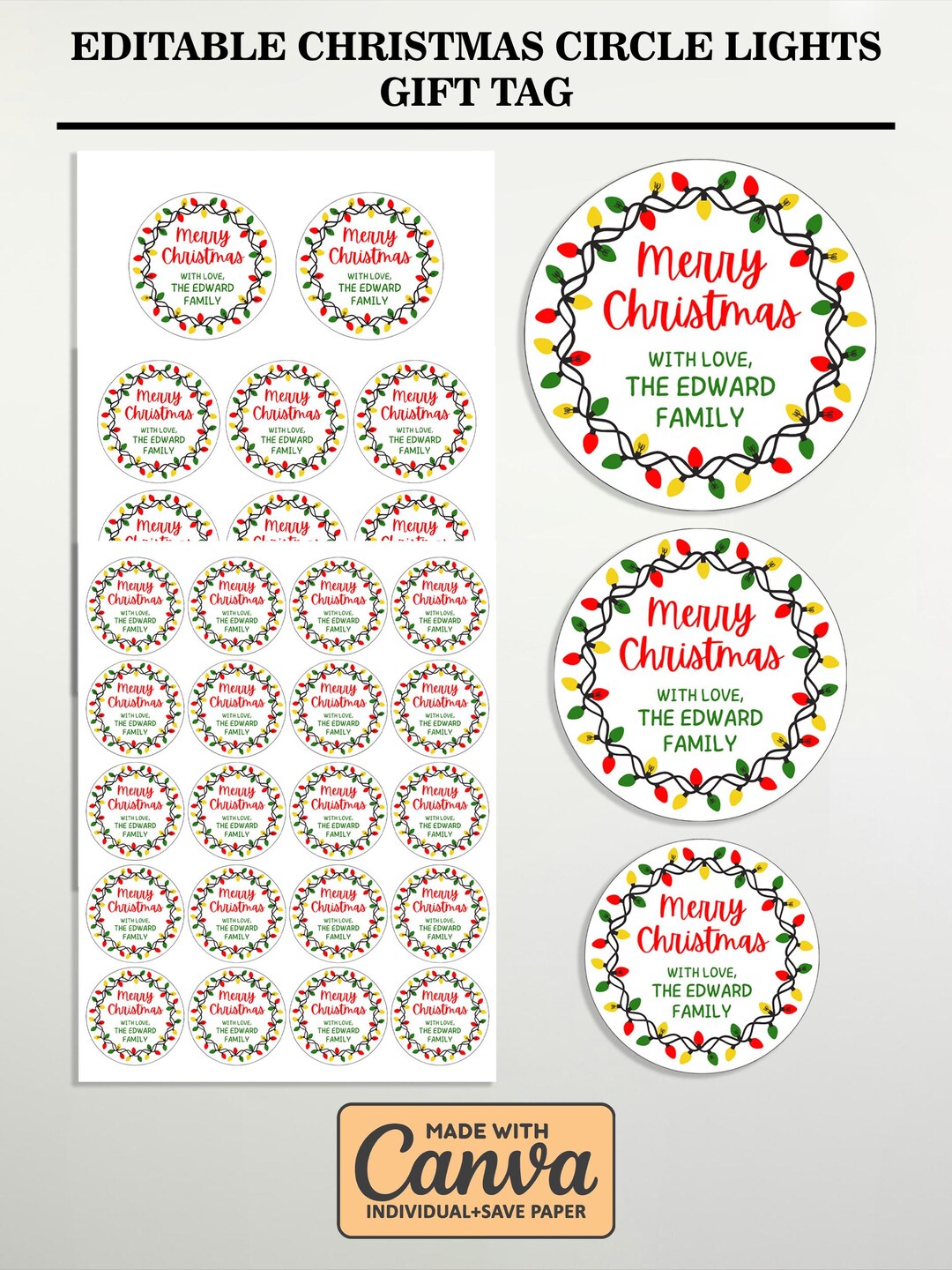 Editable Christmas Gift Tags | Circle Lights Holiday Labels ...